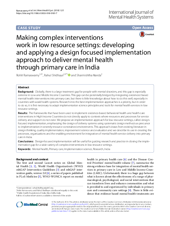 (PDF) Making complex interventions work in low resource settings: developing and applying a ...