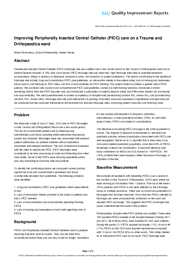 (PDF) Improving Peripherally Inserted Central Catheter (PICC) care on a ...