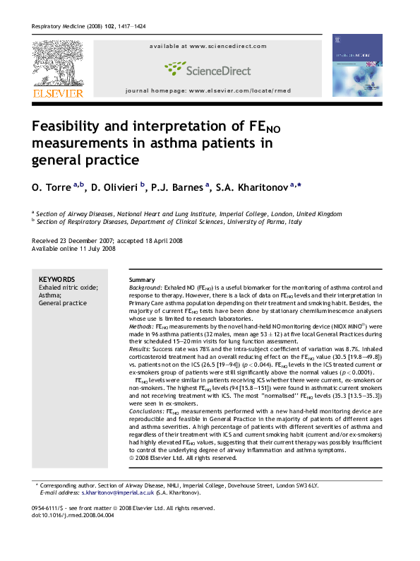 (PDF) Feasibility and interpretation of FENO measurements in asthma ...
