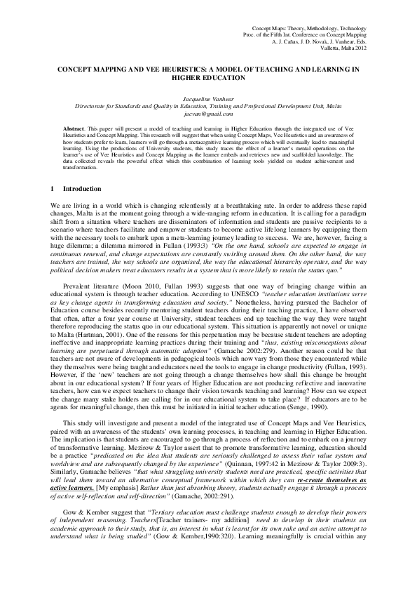 Pdf Concept Mapping And Vee Heuristics A Model Of Teaching And Learning In Higher Education