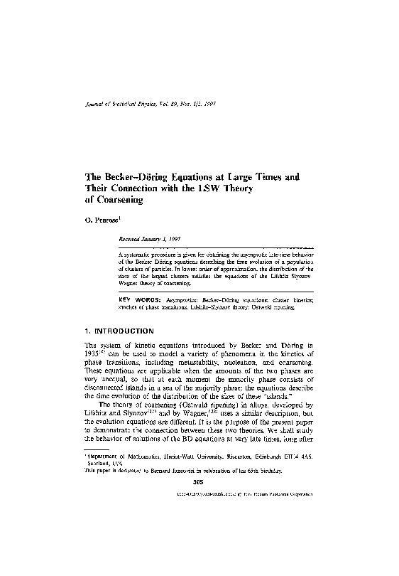 (PDF) The Becker-Döring equations at large times and their connection ...