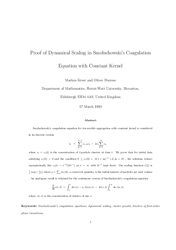 (PDF) Proof of dynamical scaling in Smoluchowski's coagulation equation ...
