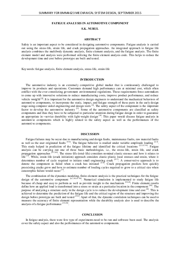 (PDF) Summary for Fatigue Analysis in Automotive Component
