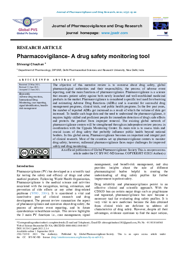 (PDF) Pharmacovigilance- A drug safety monitoring tool