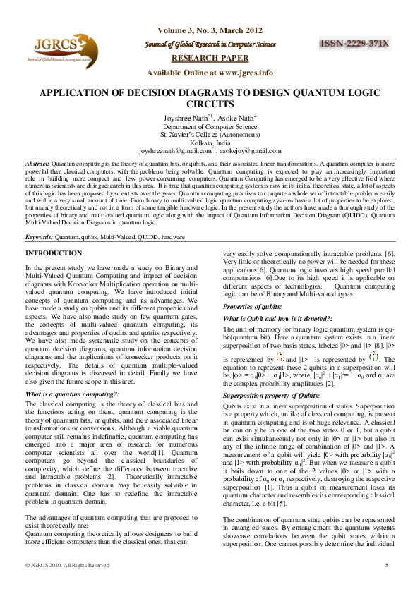 (PDF) Application of Decision Diagrams to Design Quantum Logic Circuits