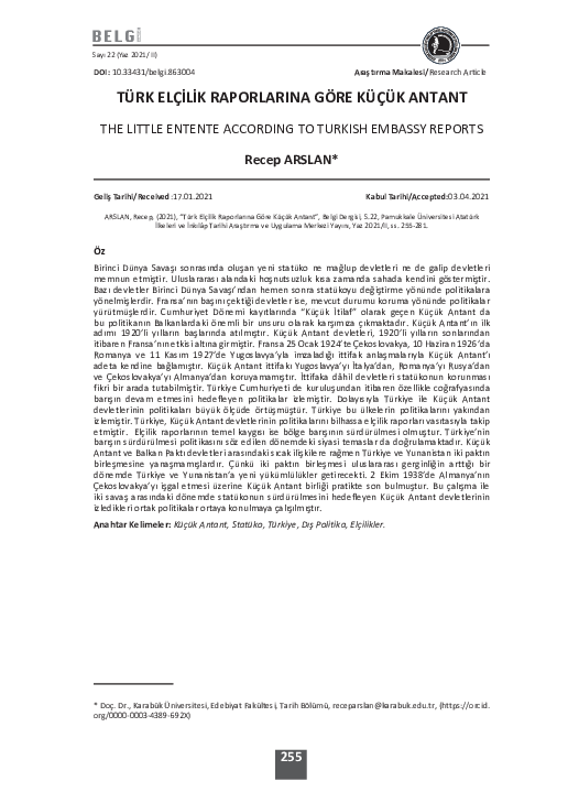 (PDF) TÜRK ELÇİLİK RAPORLARINA GÖRE KÜÇÜK ANTANT THE LITTLE ENTENTE ...