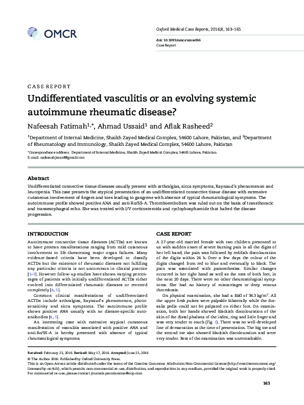 Pdf Undifferentiated Vasculitis Or An Evolving Systemic Autoimmune