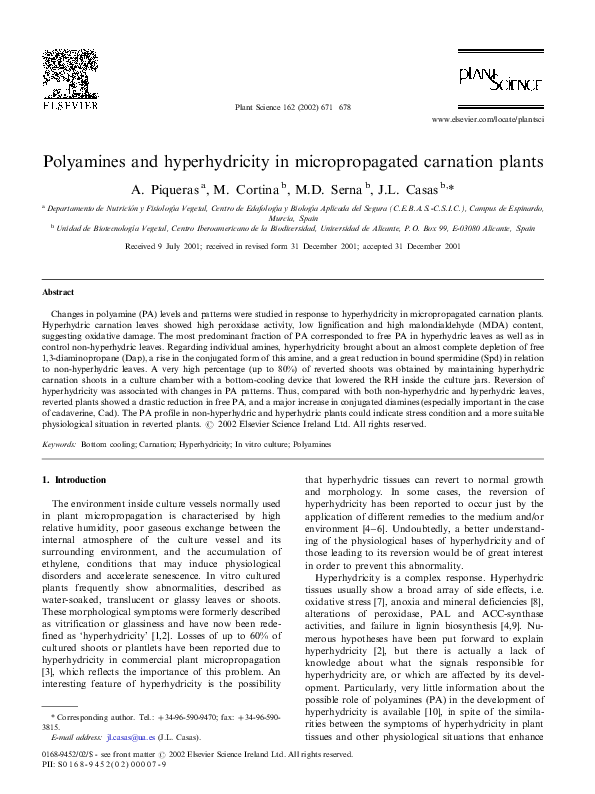 (PDF) Polyamines and hyperhydricity in micropropagated carnation plants