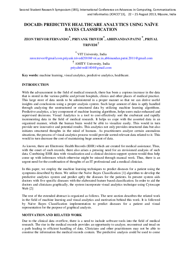(PDF) Docaid: Predictive Healthcare Analytics Using Na\"{i}ve Bayes Classification