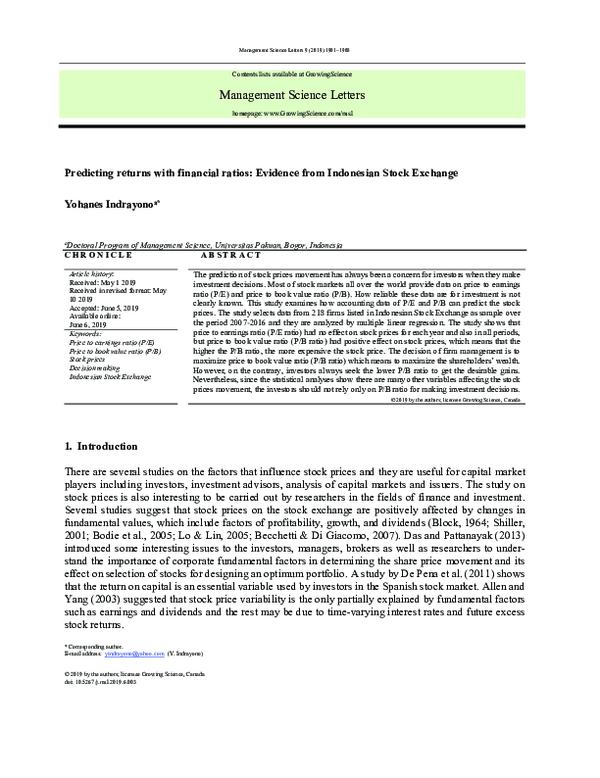 Pdf Predicting Returns With Financial Ratios Evidence From
