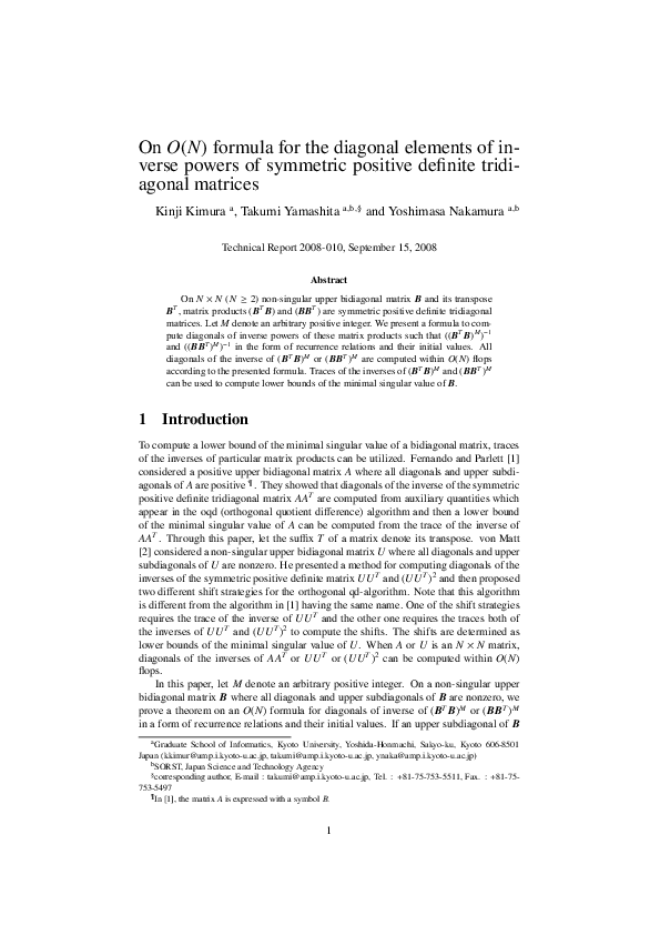 (PDF) On O (N) formula for the diagonal elements of in-verse powers of symmetric positive ...