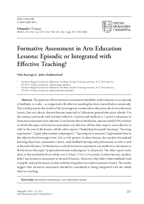 (PDF) Formative assessment in arts education lessons: episodic or ...