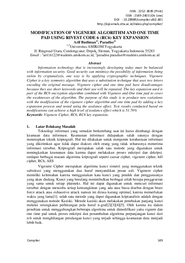 Pdf Modification Of Vigenere Algorithm And One Time Pad Using Rivest Code 6 Rc6 Key