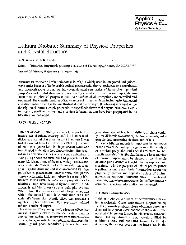 (PDF) Lithium niobate: Summary of physical properties and crystal structure