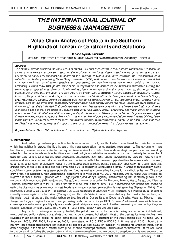(PDF) Value Chain Analysis of Potato in the Southern Highlands of ...