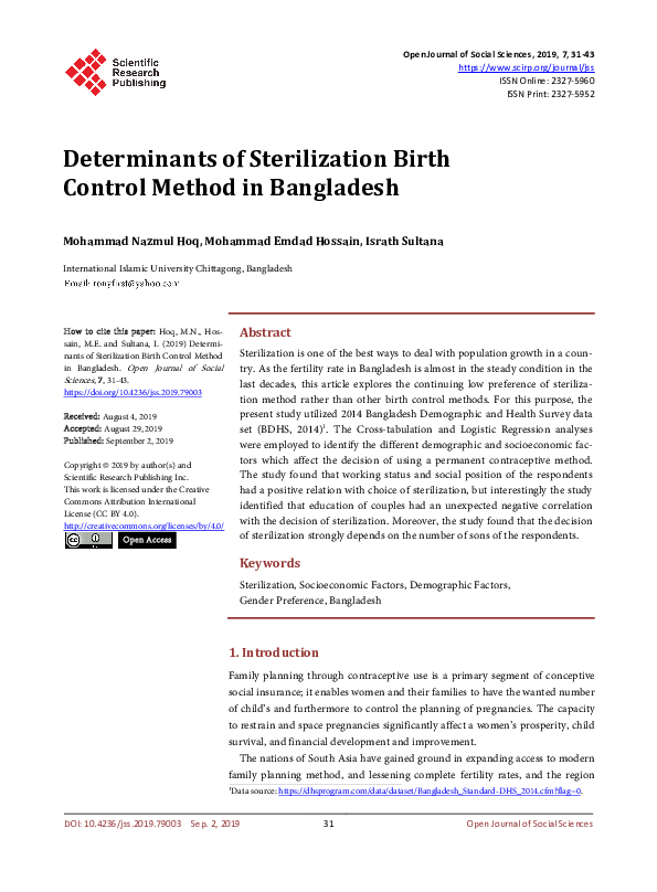 (PDF) Determinants of Sterilization Birth Control Method in Bangladesh
