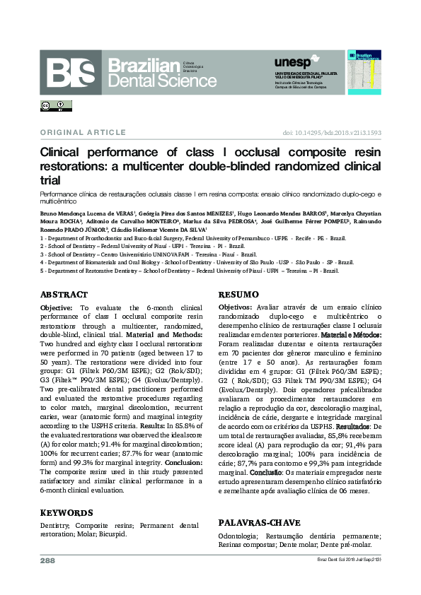 Pdf Clinical Performance Of Class I Occlusal Composite Resin Restorations A Multicenter