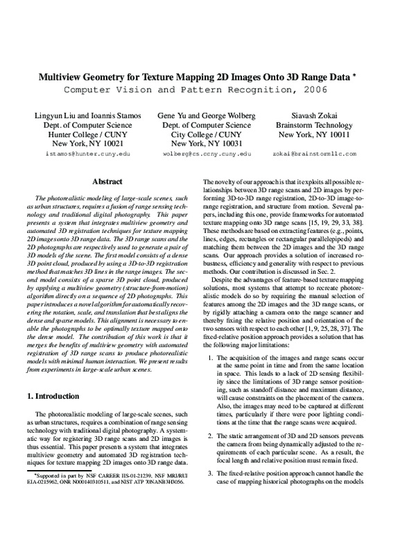 Pdf Multiview Geometry For Texture Mapping 2d Images Onto 3d Range Data