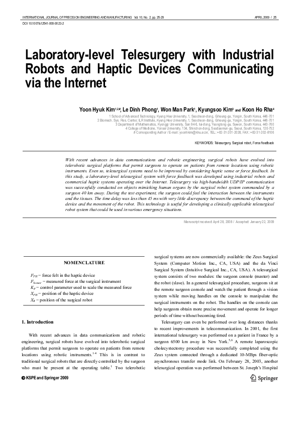 (PDF) Laboratory-level telesurgery with industrial robots and haptic ...