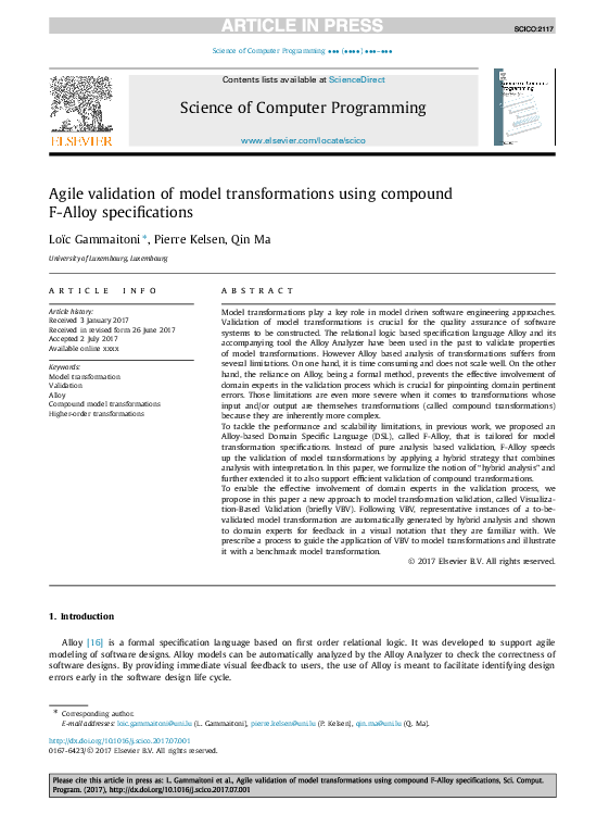 Pdf Agile Validation Of Model Transformations Using Compound F Alloy Specifications Loïc 0672