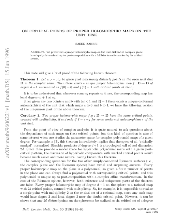 (PDF) On Critical Points of Proper Holomorphic Maps on The Unit Disk | Saeed Zakeri - Academia.edu