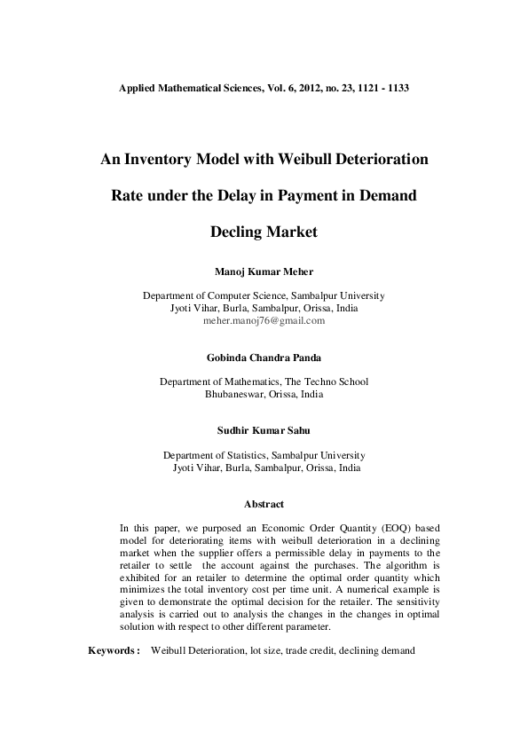 Pdf An Inventory Model With Weibull Deterioration Rate Under The Delay In Payment In Demand