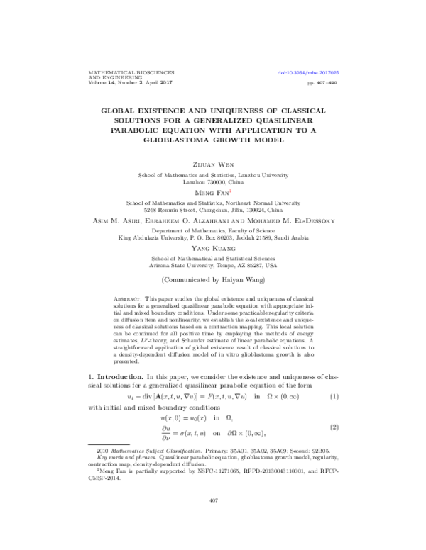 Pdf Global Existence And Uniqueness Of Classical Solutions For A