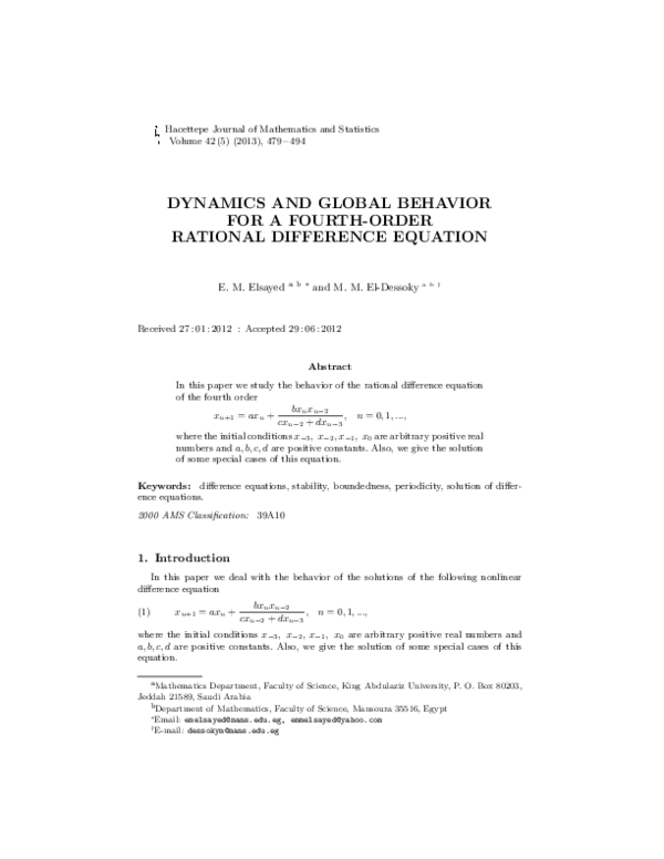 Pdf Dynamics And Global Behavior For A Fourth Order Rational Difference Equation