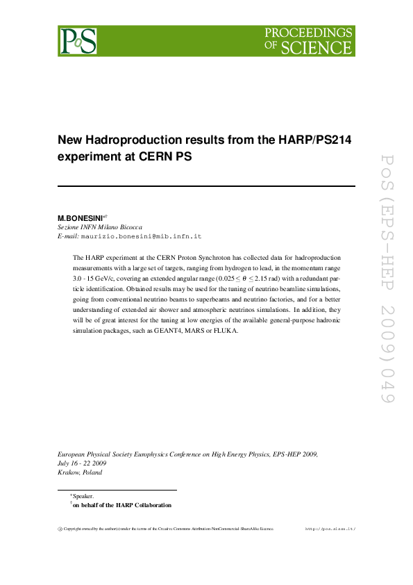 (PDF) New Hadroproduction results from the HARP/PS214 experiment at CERN PS