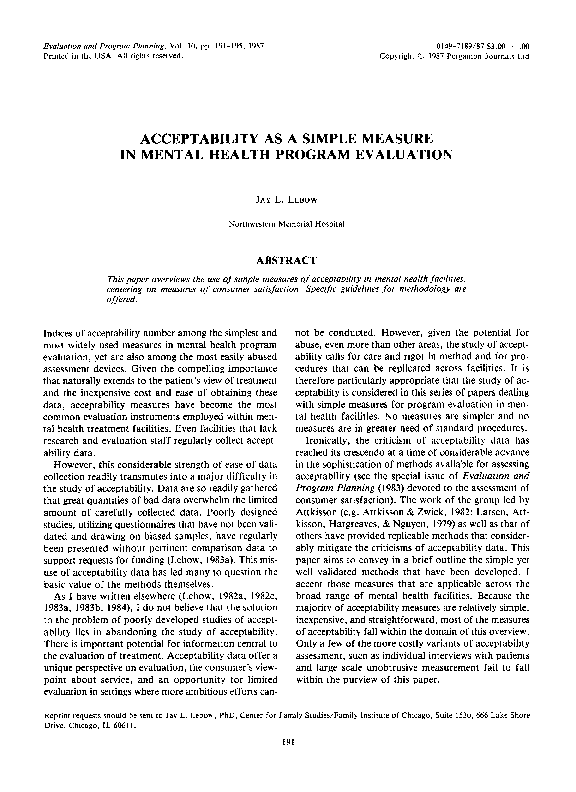 (PDF) Acceptability as a simple measure in mental health program evaluation