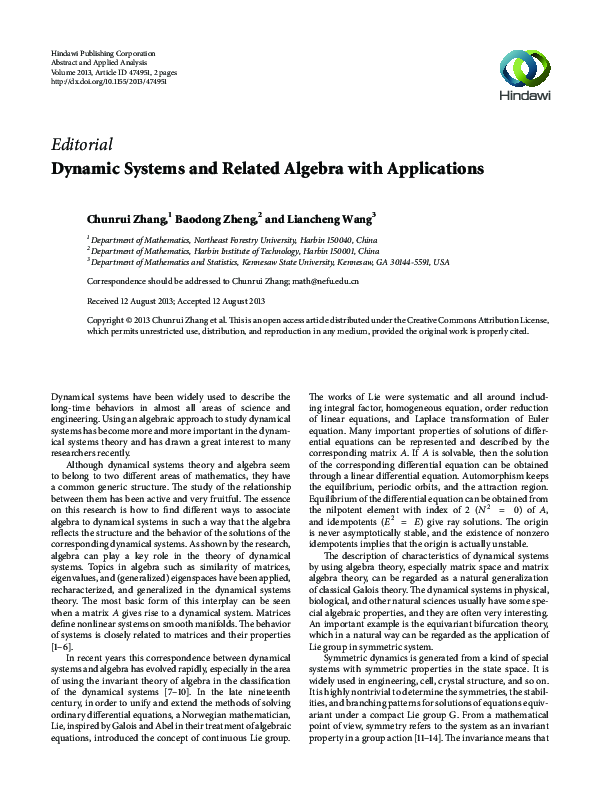 (PDF) Dynamic Systems and Related Algebra with Applications