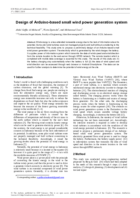 (PDF) Design of Arduino-based small wind power generation system