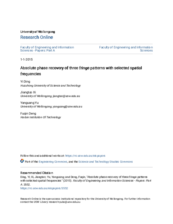 (PDF) Absolute phase recovery of three fringe patterns with selected spatial frequencies