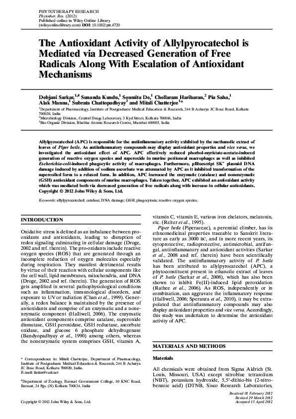 (PDF) The Antioxidant Activity of Allylpyrocatechol is Mediated via ...