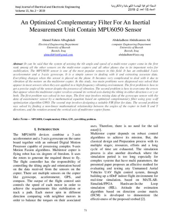 Pdf An Optimized Complementary Filter For An Inertial Measurement