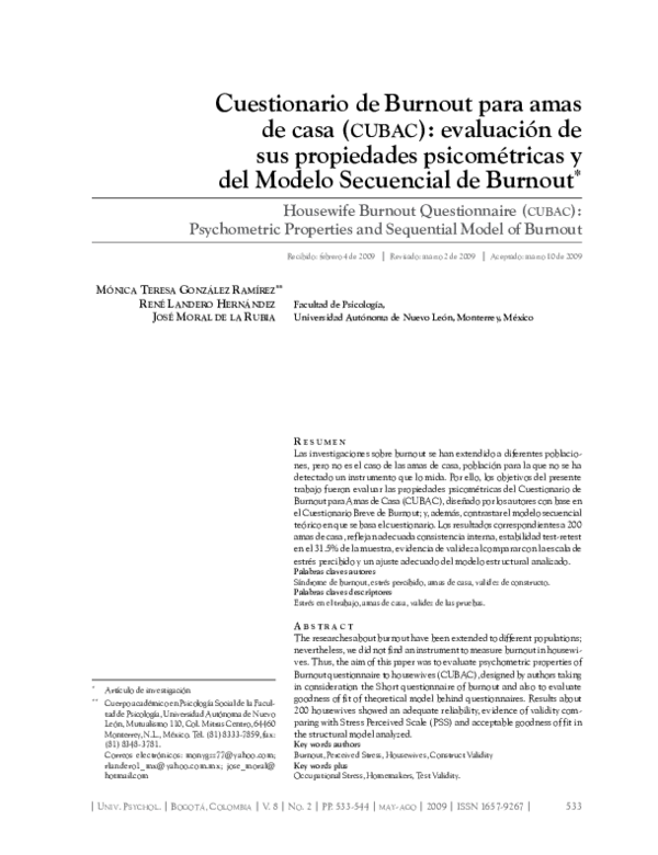 (PDF) Housewife Burnout Questionnaire (cubac): Psychometric Properties ...