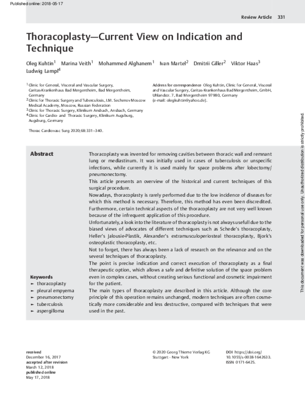 (PDF) Thoracoplasty—Current View on Indication and Technique