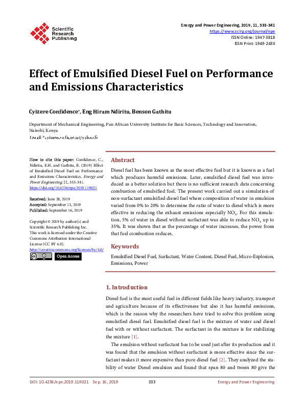 (PDF) Effect of Emulsified Diesel Fuel on Performance and Emissions ...
