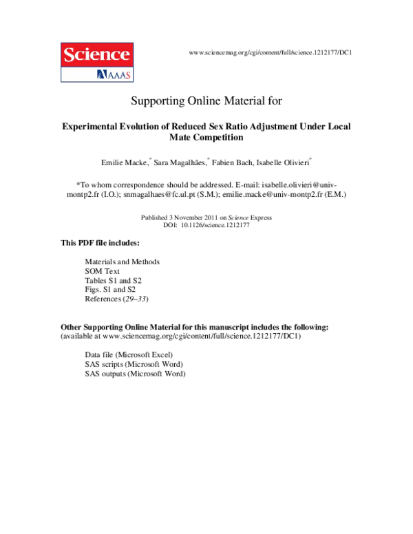 (PDF) Experimental Evolution of Reduced Sex Ratio Adjustment Under ...