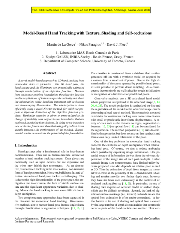 (PDF) Model-based hand tracking with texture, shading and self-occlusions