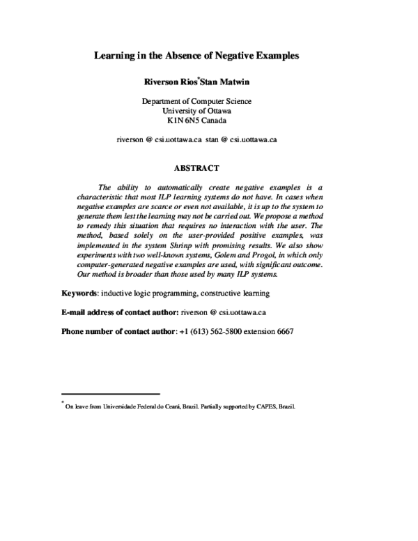 Learning in the Absence of Negative Examples