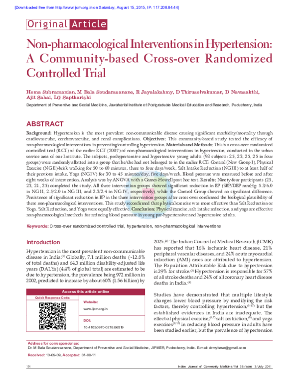 (PDF) Non-pharmacological interventions in hypertension: A community-based cross-over randomized ...