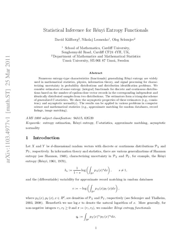 (PDF) Statistical Inference for R nyi Entropy Functionals