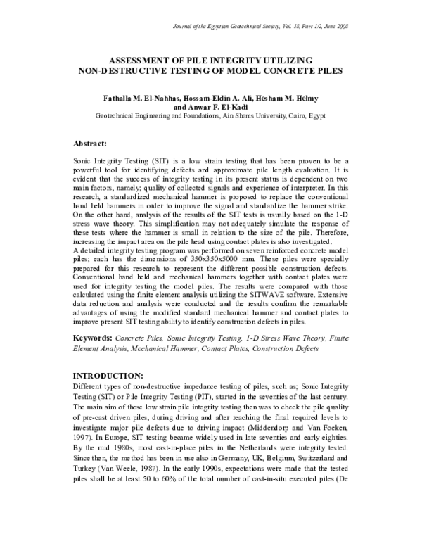 (PDF) Assessment of Pile Integrity Utilizing Non-Destructive Testing of ...