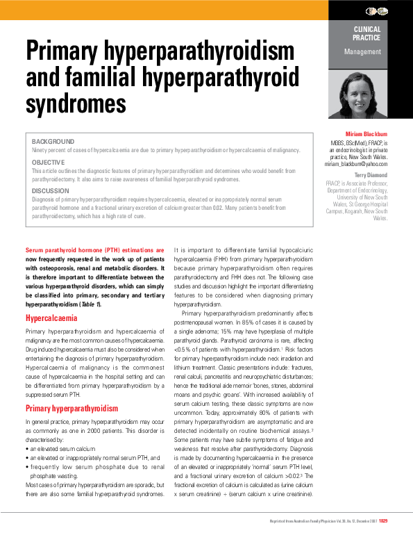 (PDF) Primary hyperparathyroidism and familial hyperparathyroid syndromes