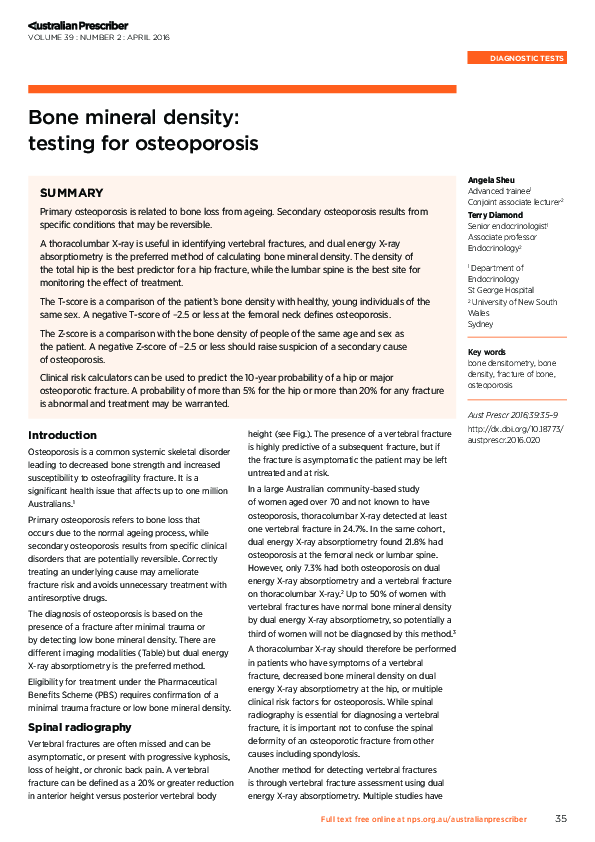 (PDF) Diagnostic Tests: Bone mineral density: testing for osteoporosis