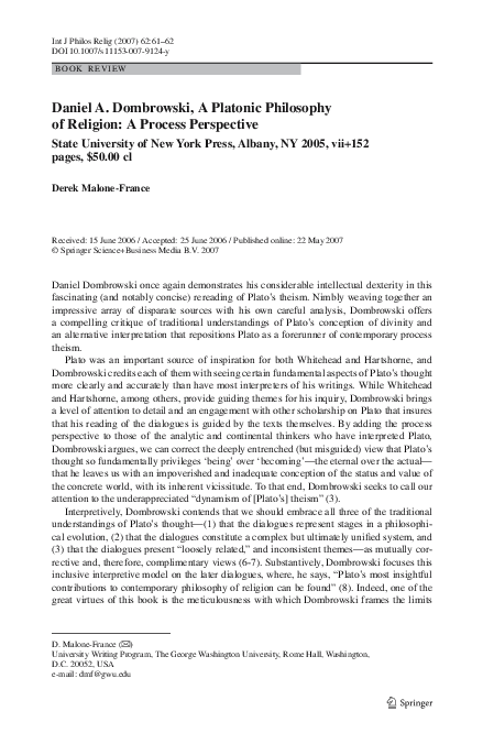 (PDF) Daniel A. Dombrowski, A Platonic Philosophy of Religion: A ...