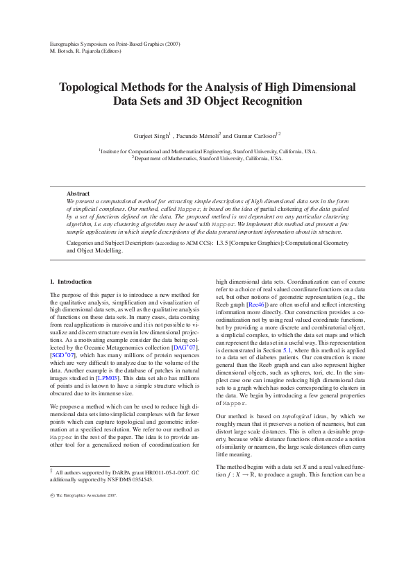 Pdf Topological Methods For The Analysis Of High Dimensional Data Sets And 3d Object Recognition