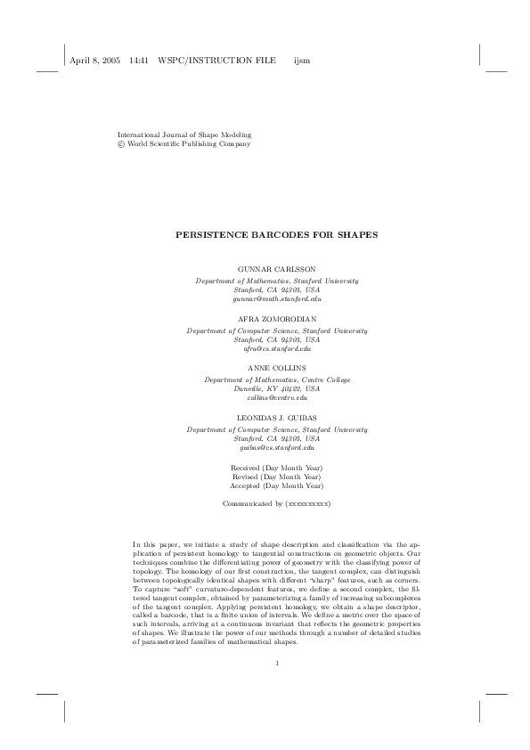 (PDF) Persistence Barcodes for Shapes