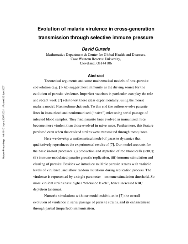 (PDF) Evolution of malaria virulence in cross-generation transmission ...